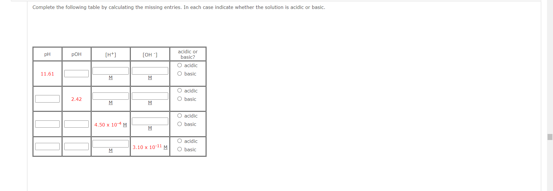 Solved Complete the following table by calculating the | Chegg.com