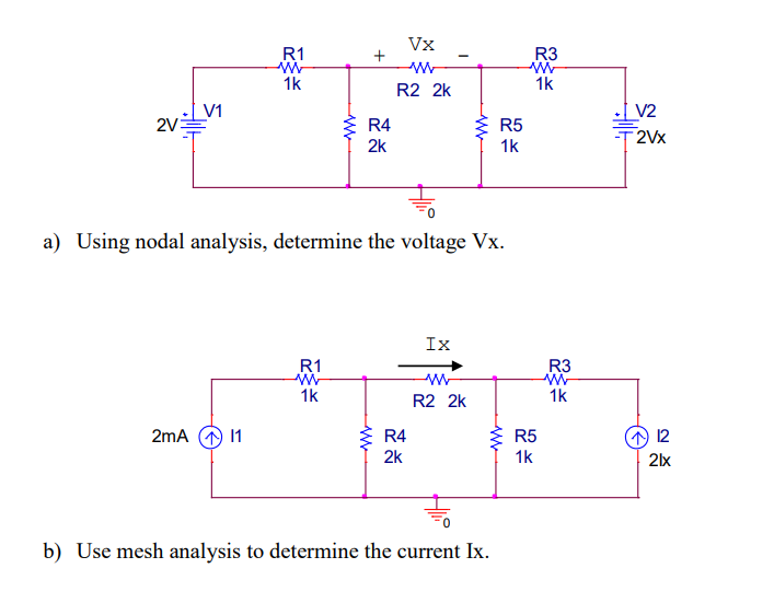 Solved R1 W 1k Vx w R2 2k R3 W 1k V1 2V w R4 2k W R5 1k V2 | Chegg.com