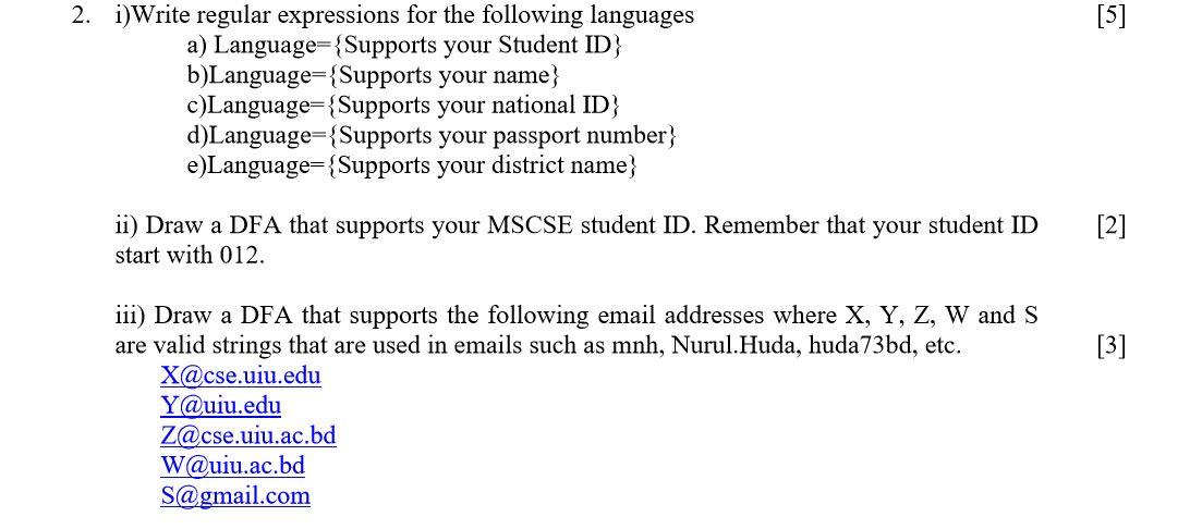 Solved [5] 2. i)Write regular expressions for the following | Chegg.com