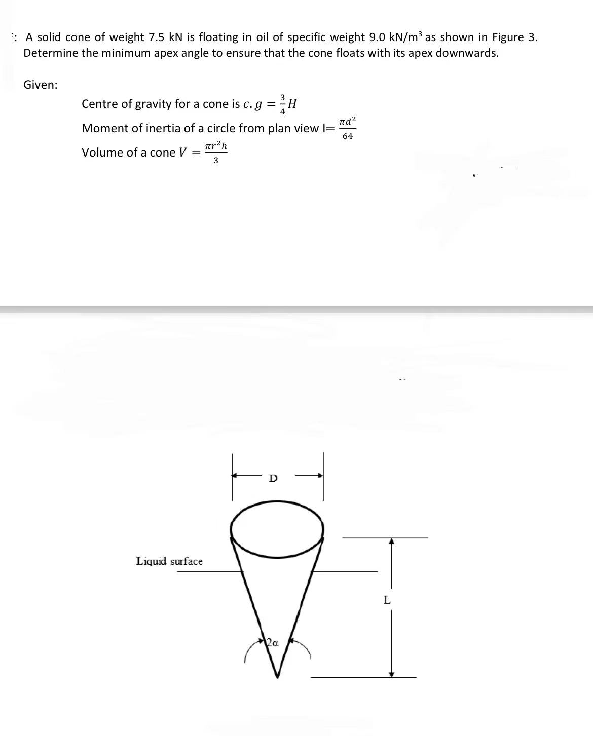 Solved A solid cone of weight 7.5 kN is floating in oil of | Chegg.com
