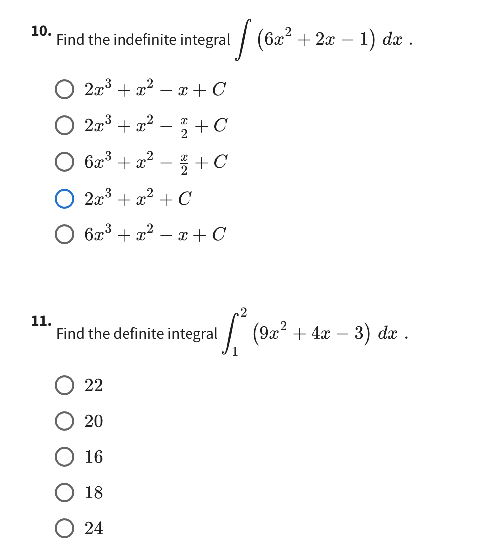 Solved 10. Find the indefinite integral ∫(6x2+2x−1)dx. | Chegg.com
