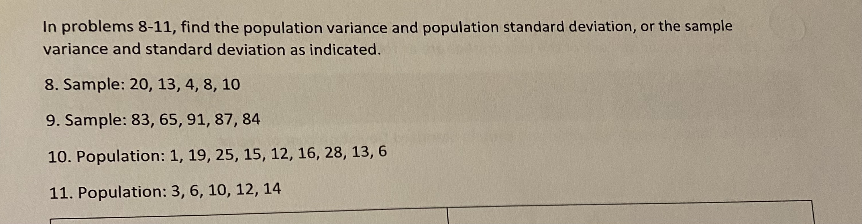 Solved In problems 8-11, find the population variance and | Chegg.com