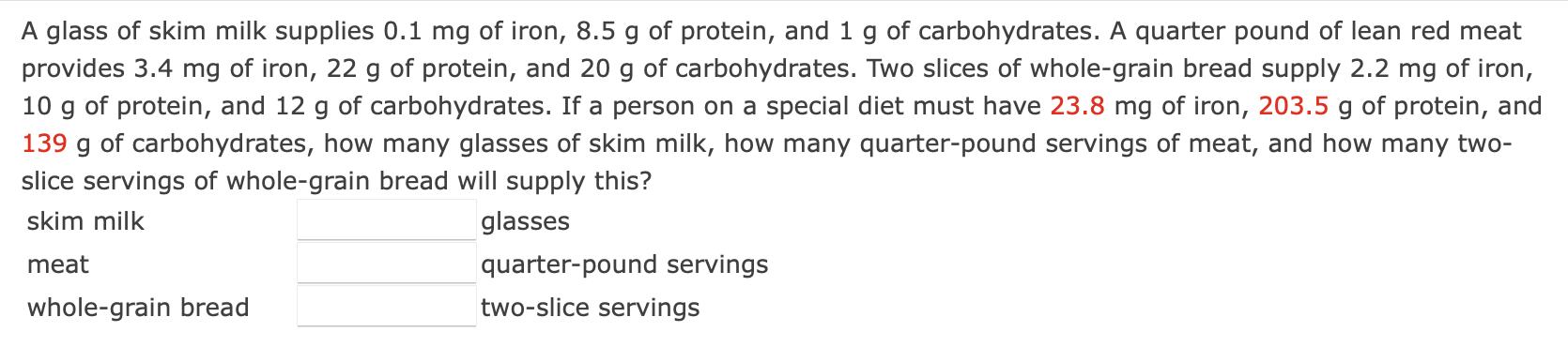 Solved A glass of skim milk supplies 0.1mg of iron, 8.5 g of | Chegg.com