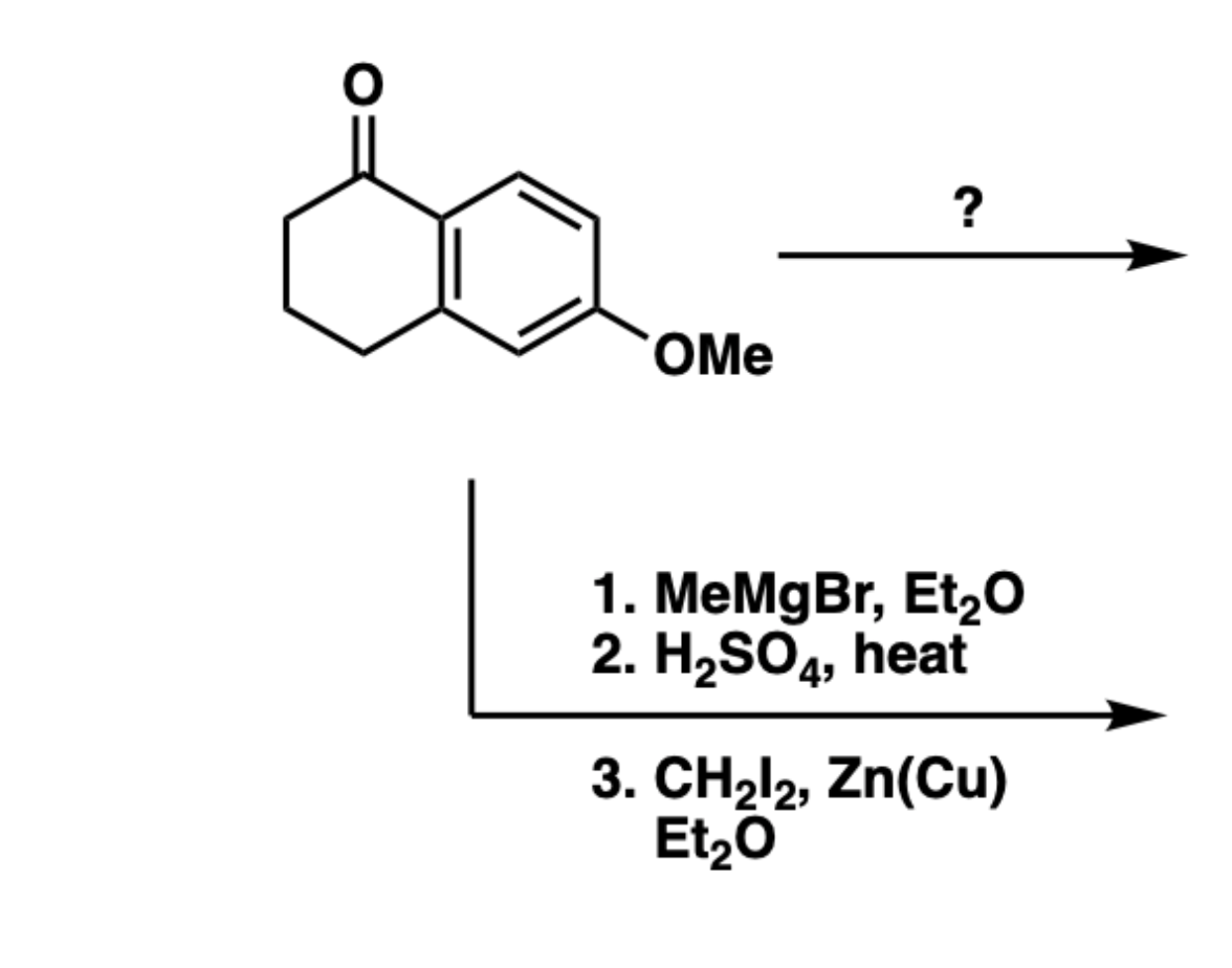 Solved OMe ? 1. MeMgBr, Et₂O 2. H₂SO4, heat 3. CH₂l2, Zn(Cu) | Chegg.com