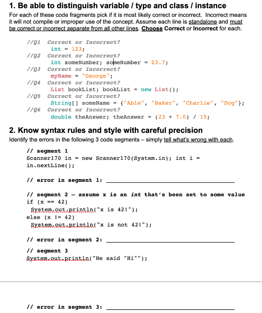 Solved 1. Be able to distinguish variable / type and class / | Chegg.com
