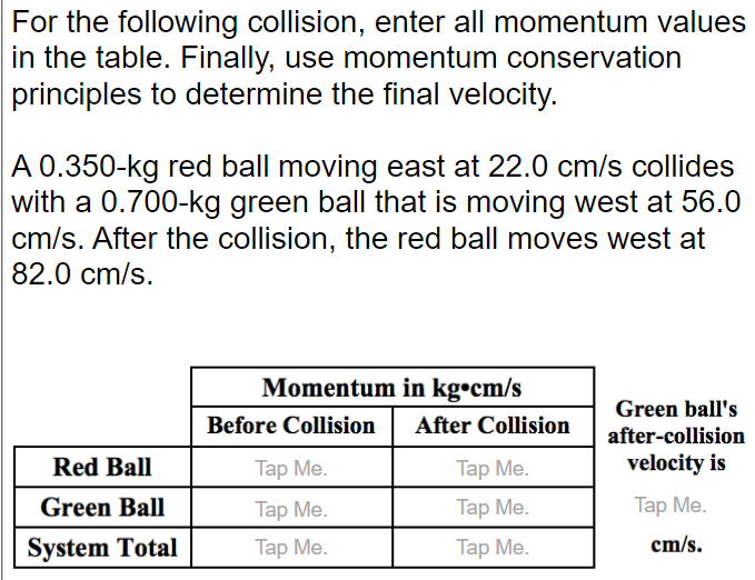 Solved For the following collision, enter all momentum | Chegg.com