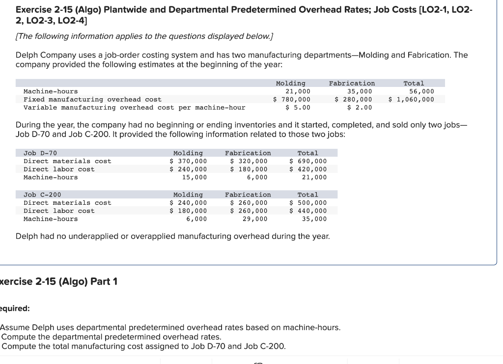Solved Exercise 2-15 (Algo) Plantwide and Departmental | Chegg.com