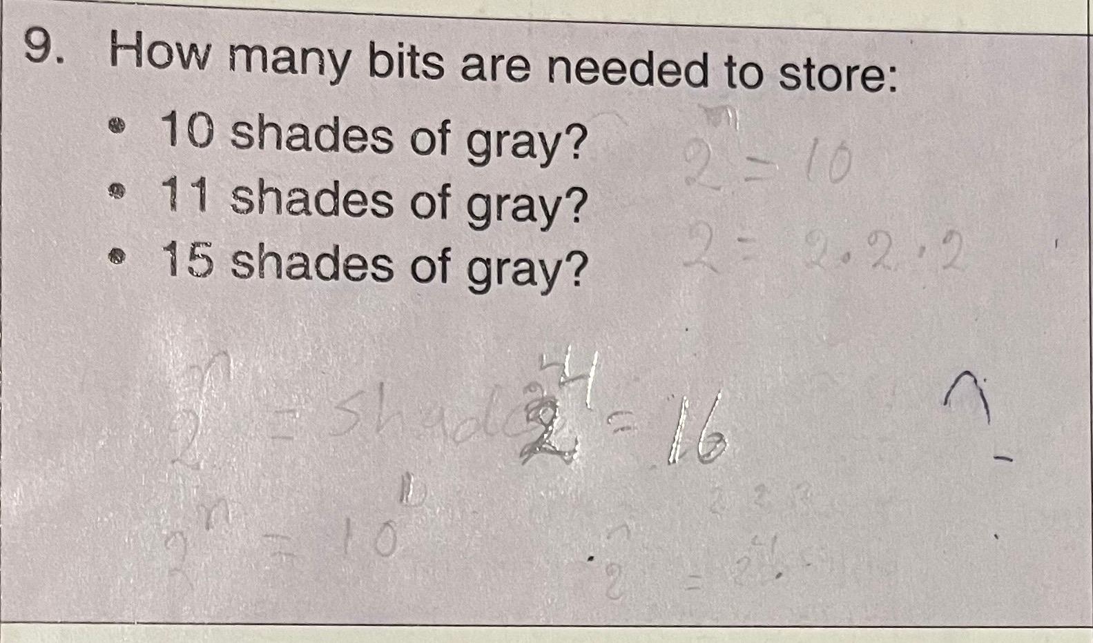 Solved 9. How many bits are needed to store: - 10 shades of | Chegg.com