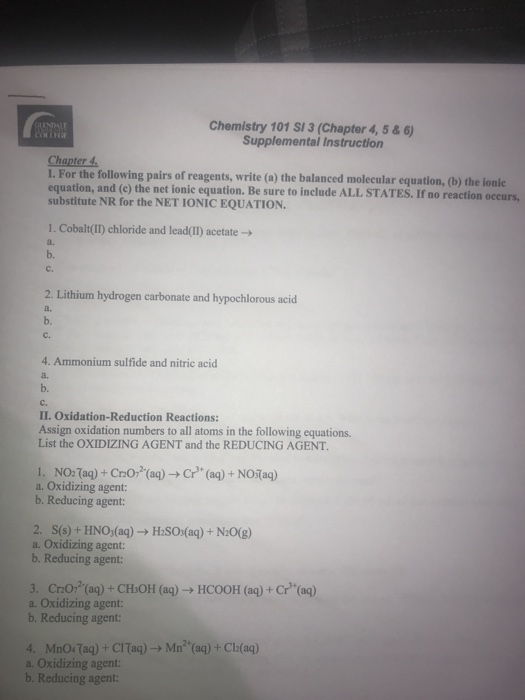 Solved Chemistry 101 SI 3 (Chapter 4,5&6) Supplemental | Chegg.com