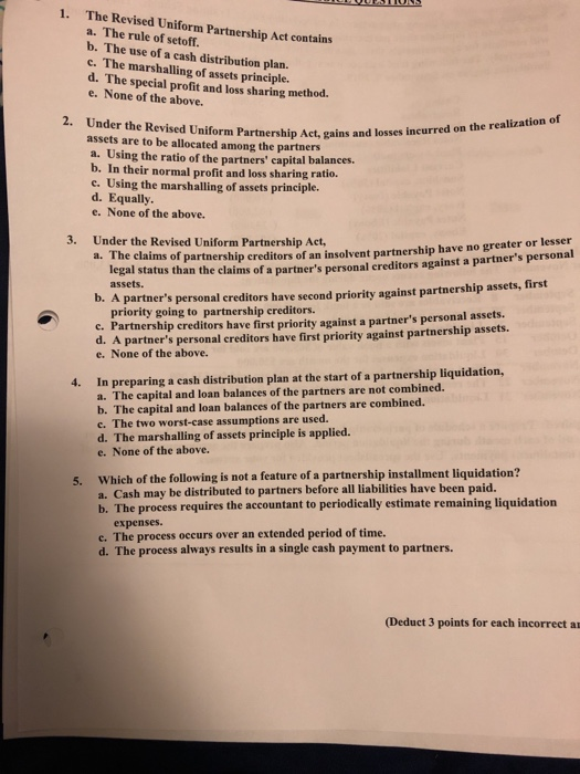 Solved 1. The Revised Uniform Partnership Act contains a. | Chegg.com