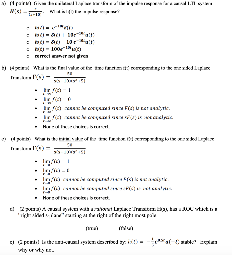 Solved a) (4 points) Given the unilateral Laplace transform | Chegg.com