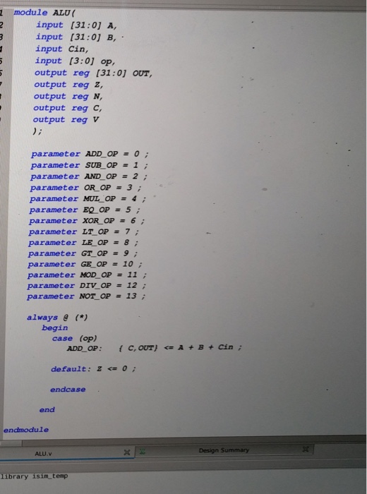 Solved 1 module ALU( input [31:01 A, input (31:01 B, input | Chegg.com