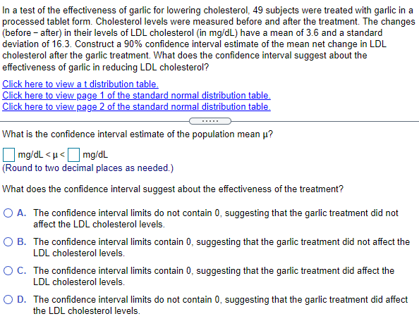 Solved In a test of the effectiveness of garlic for lowering | Chegg.com