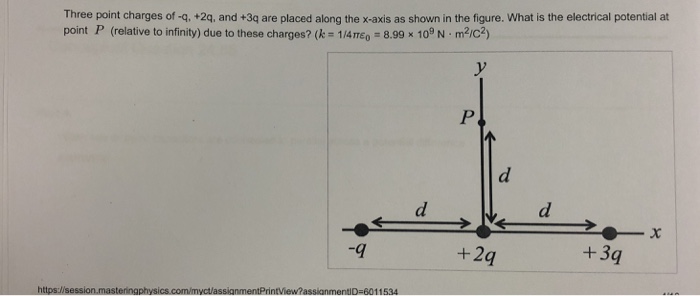 Solved Three point charges of -q, +2q, and +3q are placed | Chegg.com