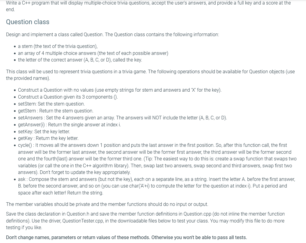 Solved end. Question class Design and implement a class | Chegg.com
