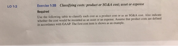 Solved Exercise 1-3B Classifying costs: product or SG&A | Chegg.com