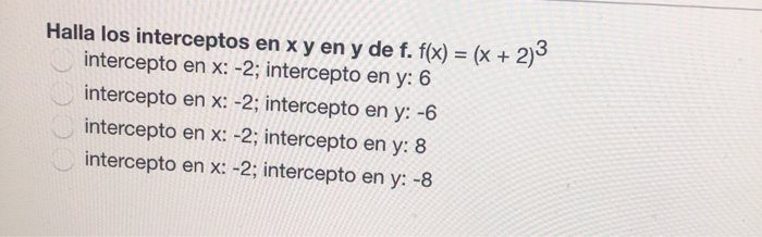 Solved Halla los interceptos en x y en y de f. f(x) = (x +2) | Chegg.com