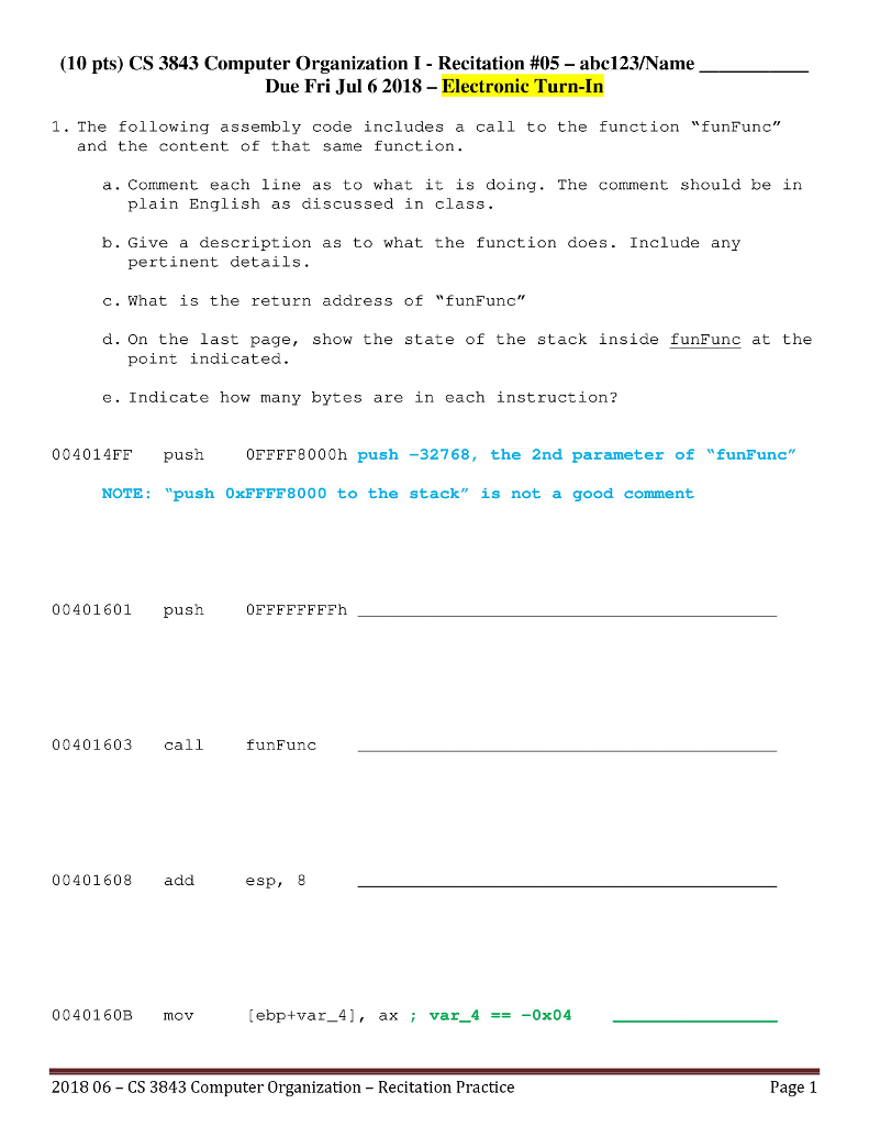 Solved (10 pts) CS 3843 Computer Organization I-Recitation | Chegg.com