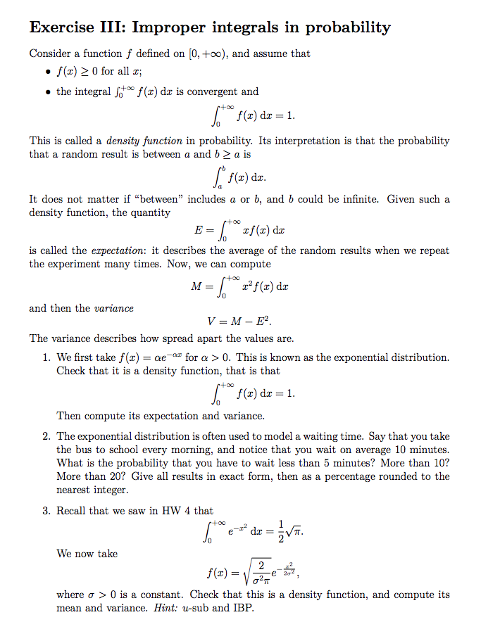 Solved Exercise III: Improper integrals in probability | Chegg.com