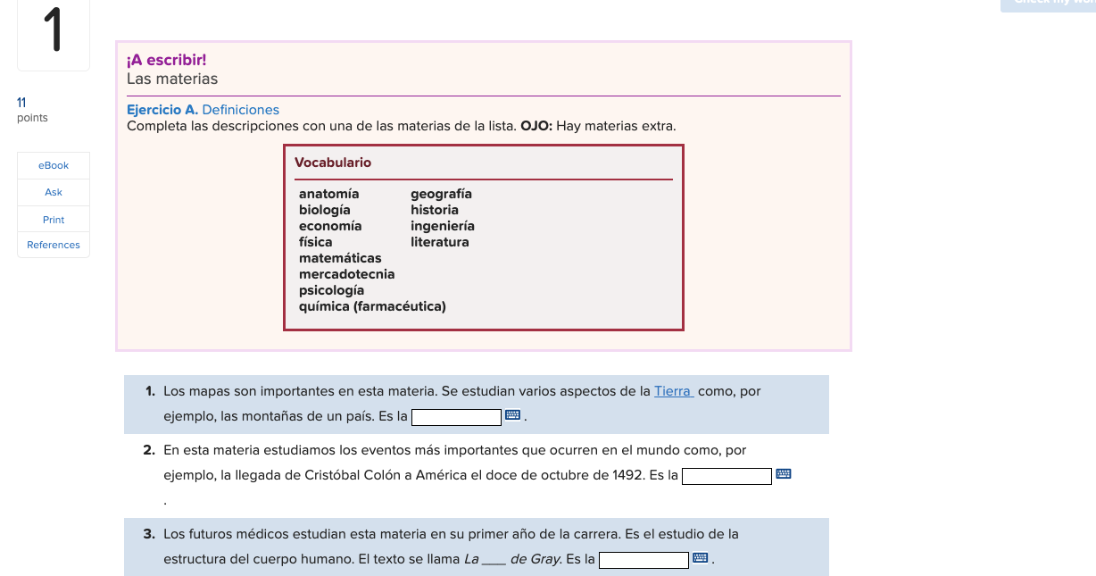 1 ¡A escribir! Las materias 11 points Ejercicio A. | Chegg.com