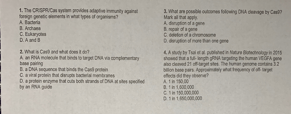 Solved 1. The CRISPR/Cas system provides adaptive immunity | Chegg.com
