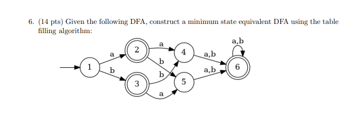Solved 6. (14 pts) Given the following DFA, construct a | Chegg.com