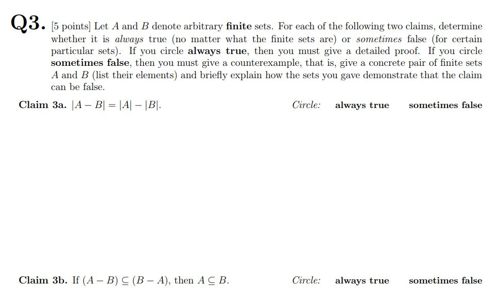 Solved . [5 points] Let A and B denote arbitrary finite | Chegg.com