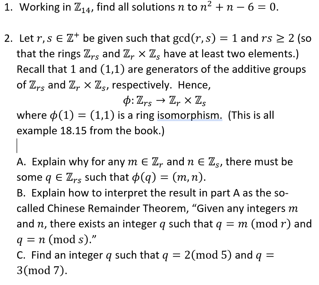 Solved 1. Working in Z14, find all solutions n to n? + n – 6 | Chegg.com