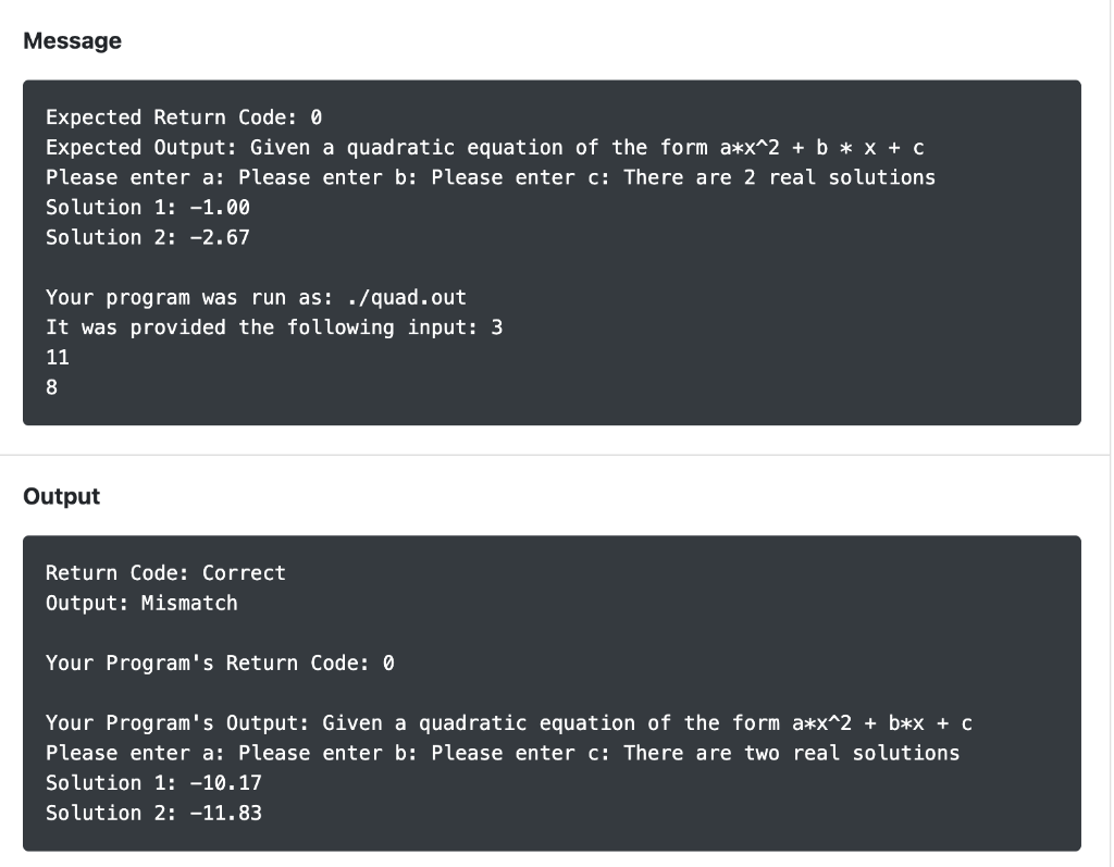 Solved Message Expected Return Code: 0 Expected Output: | Chegg.com