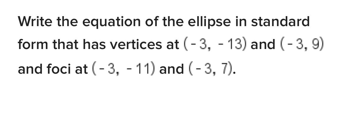 Solved Write the equation of the ellipse in standard form | Chegg.com