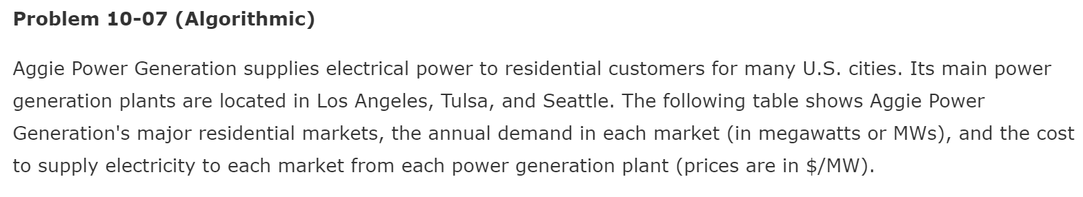 Solved Problem 10-07 (Algorithmic) Aggie Power Generation | Chegg.com