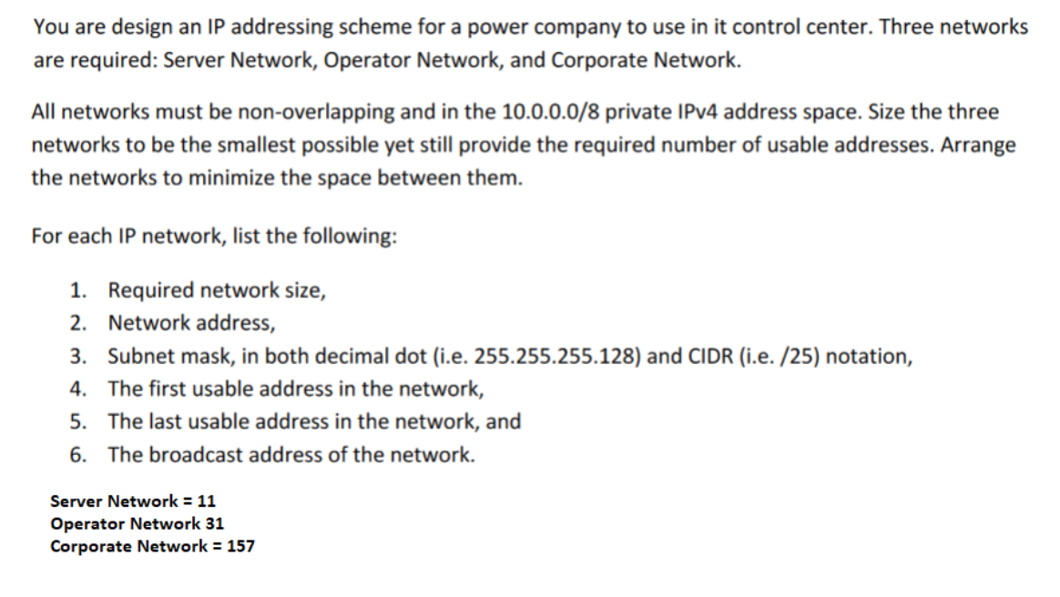 Solved You are design an IP addressing scheme for a power | Chegg.com