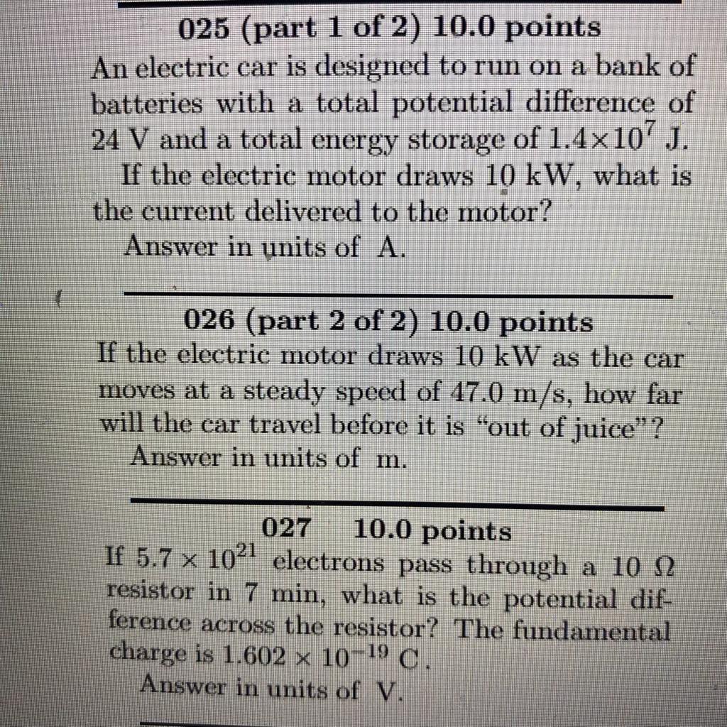 Solved 025 (part 1 of 2 ) 10.0 points An electric car is | Chegg.com