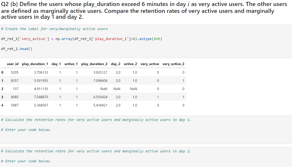 Solved \# Read the data into Python Pandas. df_retention = | Chegg.com