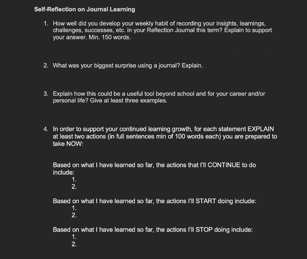 Self-Reflection on Journal Learning 1. How well did | Chegg.com