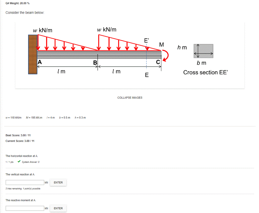 Solved Consider the beam below: w = 118 kN/m M = 195 kN.m l | Chegg.com