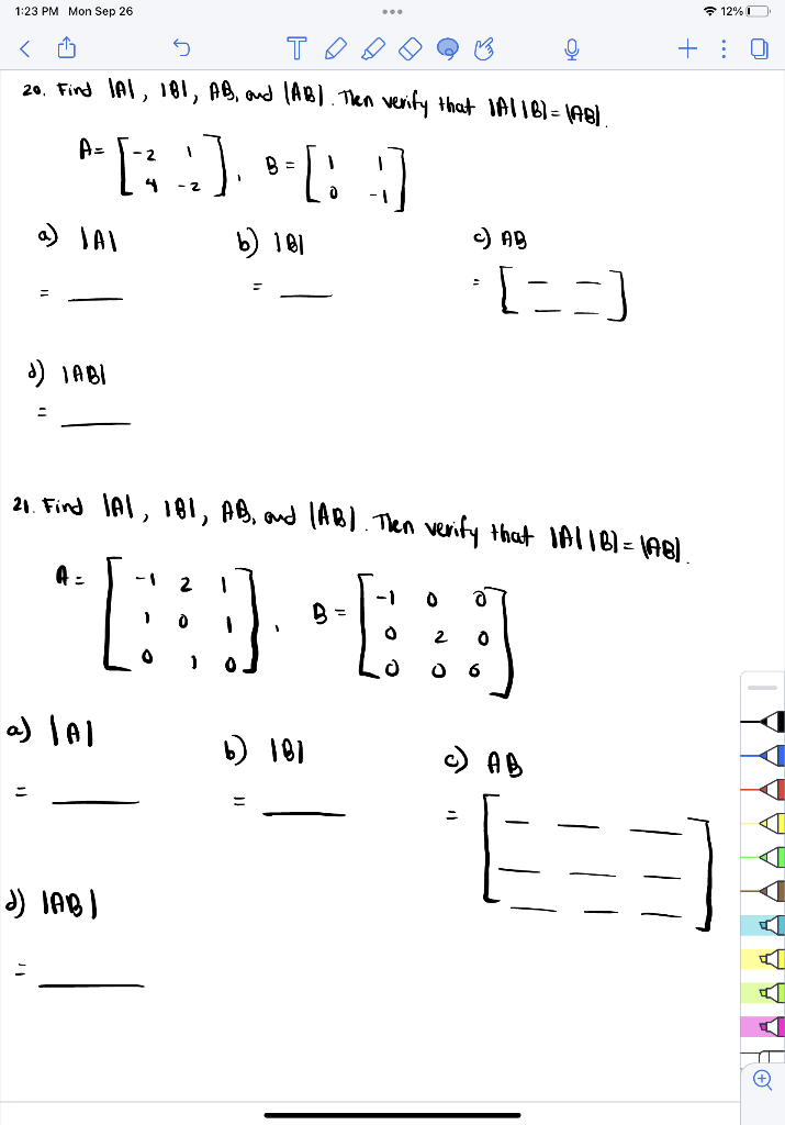 Solved 20. Find ∣A∣,∣B∣,AB, and ∣AB∣. Then verify that | Chegg.com