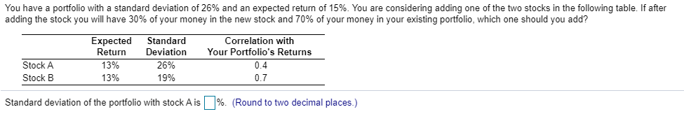 Solved Standard deviation of the portfolio with stock B is | Chegg.com