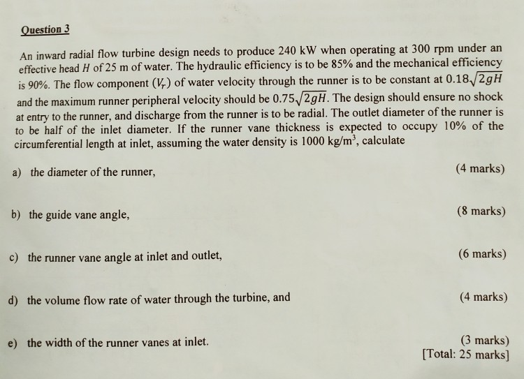 Solved Question 3 An inward radial flow turbine design needs | Chegg.com