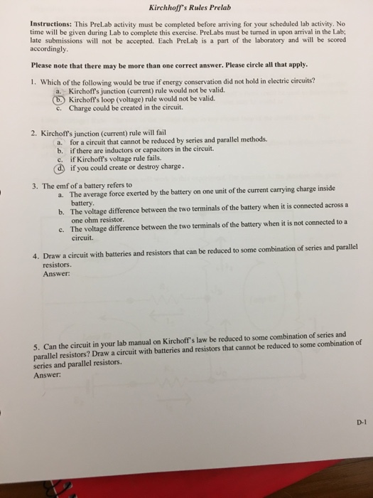 Solved Kirchhoff's Rules Prelab Instructions: This PreLab | Chegg.com