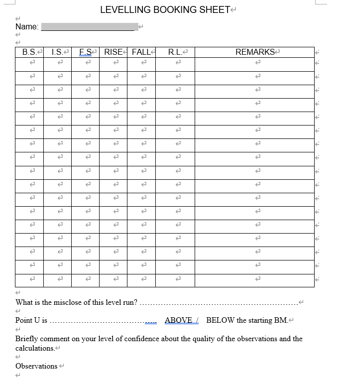 Solved LEVELLING BOOKING SHEET Name: B.S.- 1.S.- ES RISE | Chegg.com