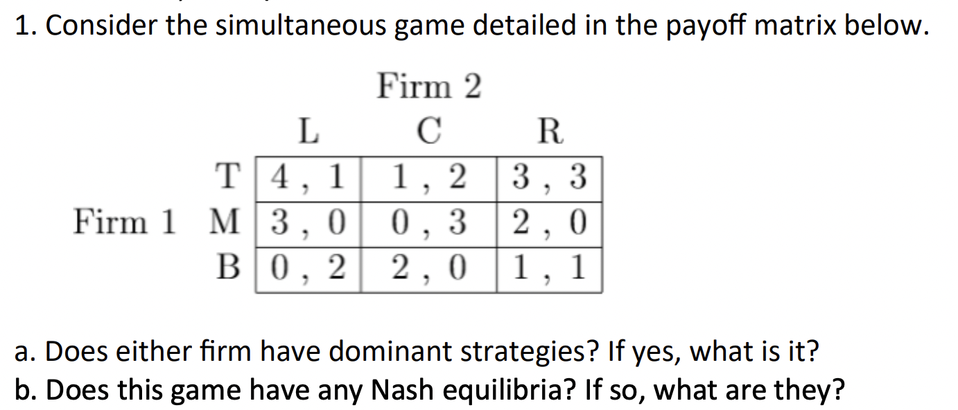 1. Consider the simultaneous game detailed in the | Chegg.com