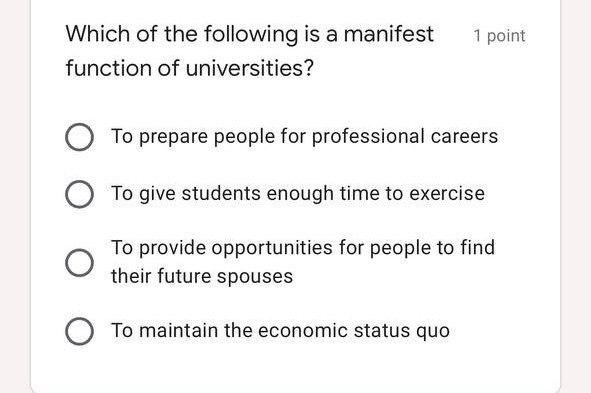Solved 1 point Which of the following is a manifest function | Chegg.com