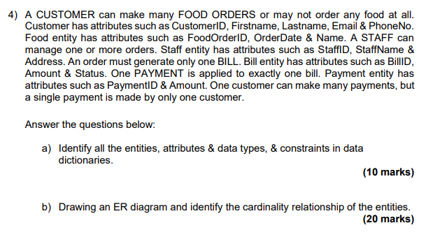 Solved 4) A CUSTOMER can make many FOOD ORDERS or may not | Chegg.com