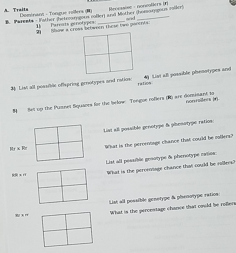 Solved A. Traits Dominant Tongue rollers (R) Recessive | Chegg.com