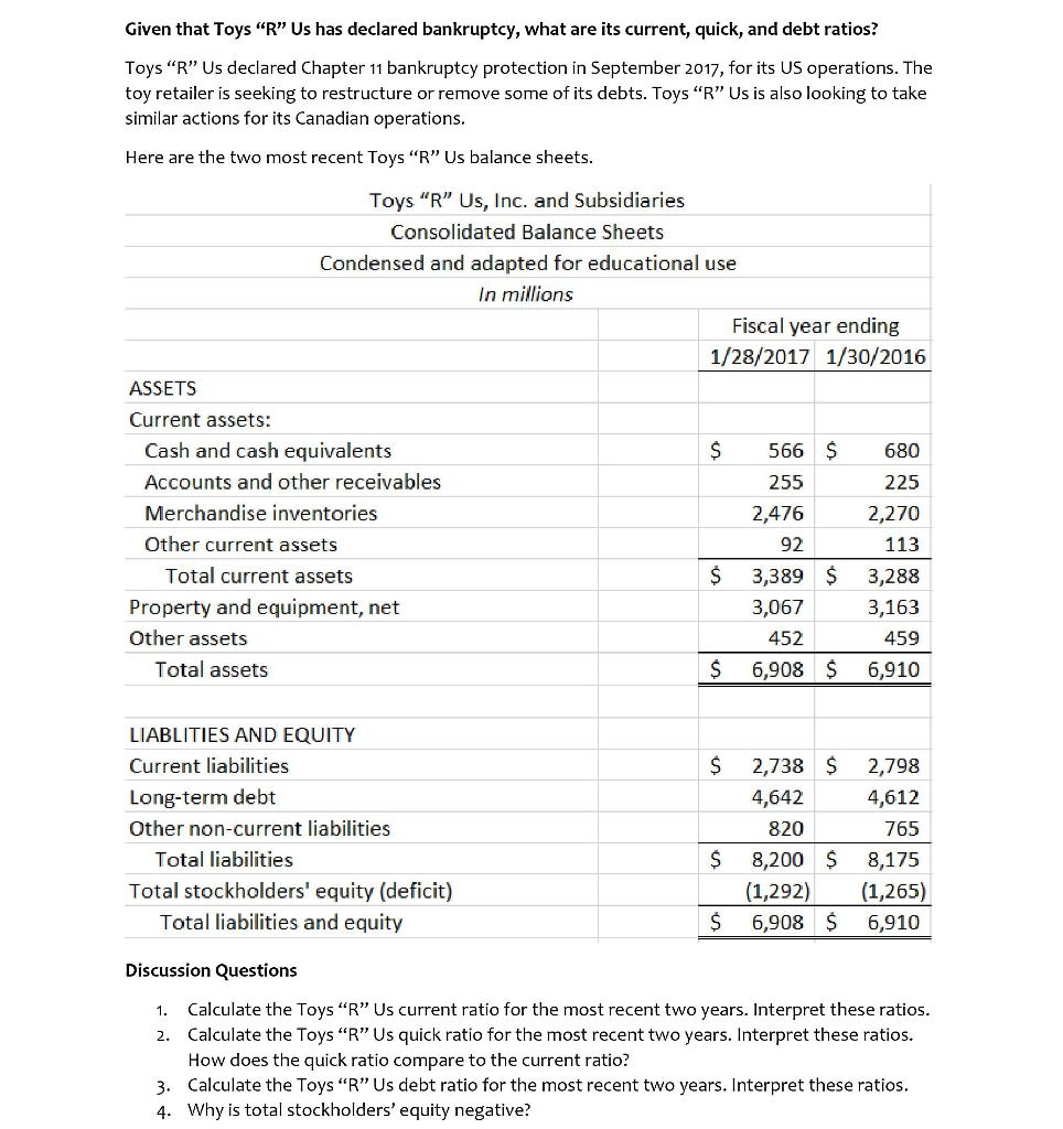 Solved Calculate the Toys “R” Us current ratio for the most | Chegg.com