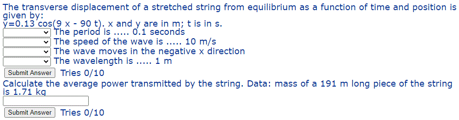 Solved The transverse displacement of a stretched string | Chegg.com