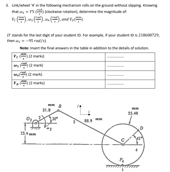Solved 3. Link/wheel '4' in the following mechanism rolls on | Chegg.com