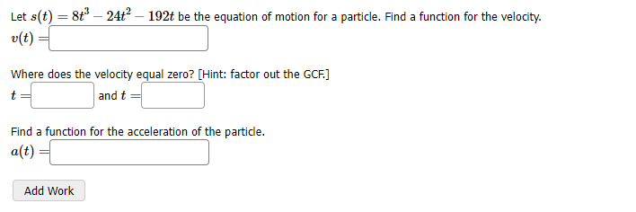 Solved Let s(t)=8t3−24t2−192t be the equation of motion for | Chegg.com