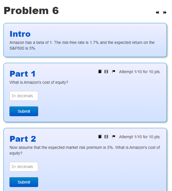 Solved Intro Amazon has a beta of 1 . The risk-free rate is | Chegg.com